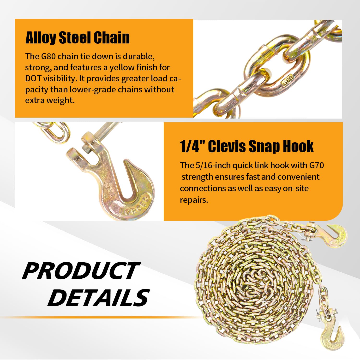 Snapklik.com : 1/4" Tow Chain WLL 3,300 Lbs 20FT High Strength Chain ...