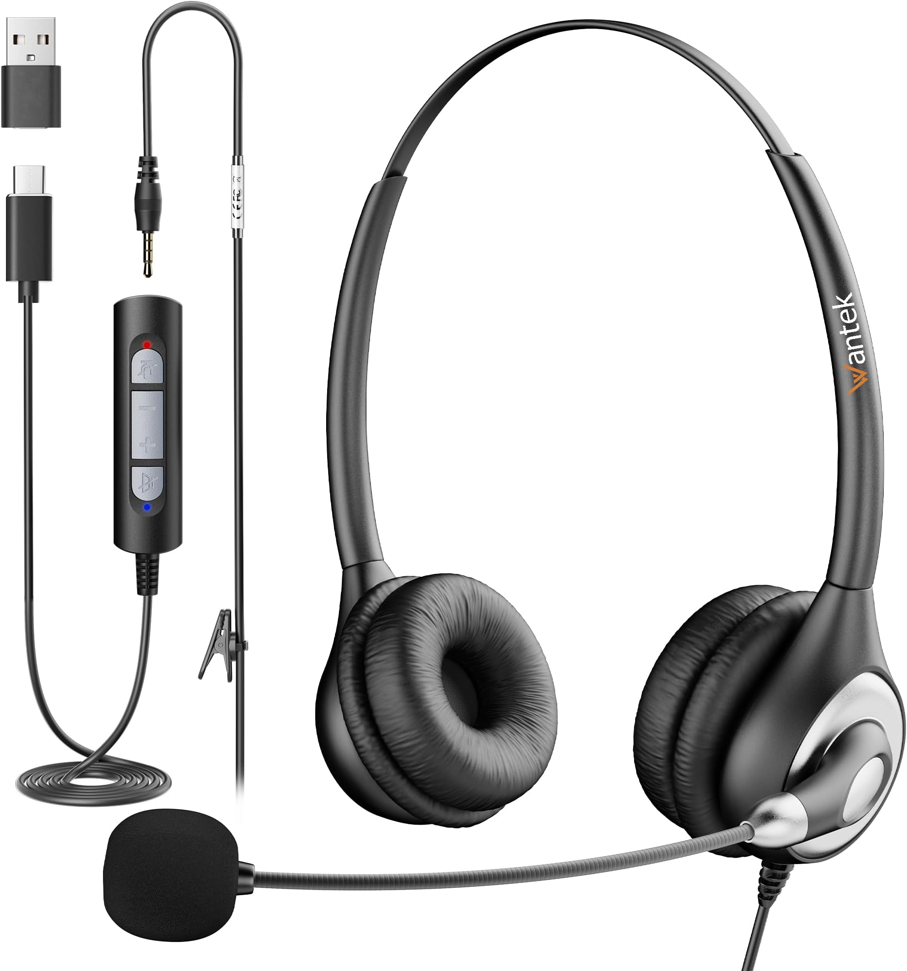 Amazon.com: Wantek Headset with Microphone for PC, USB Wired Headphones ...