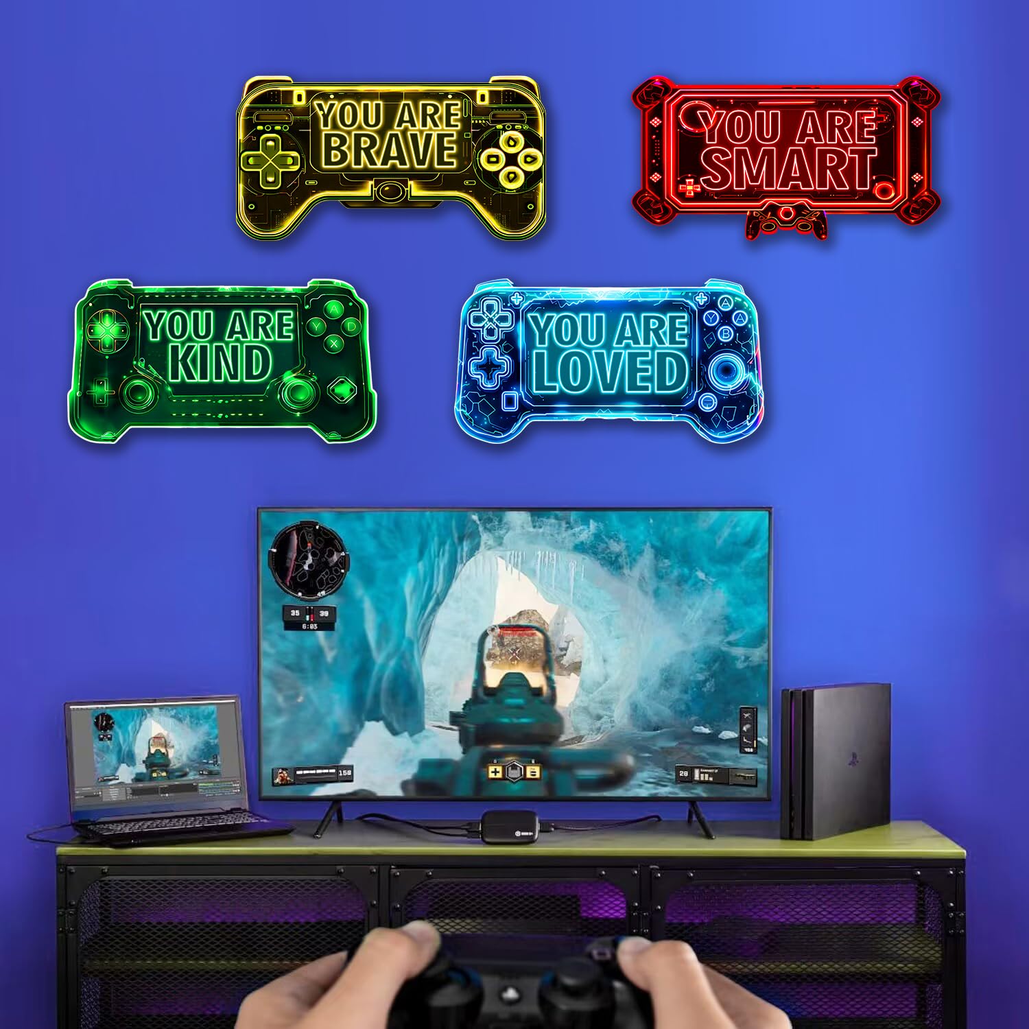 Amazon.com: 4PCS Neon Gaming Room Wall Decor Wooden Video Game Wall Art ...