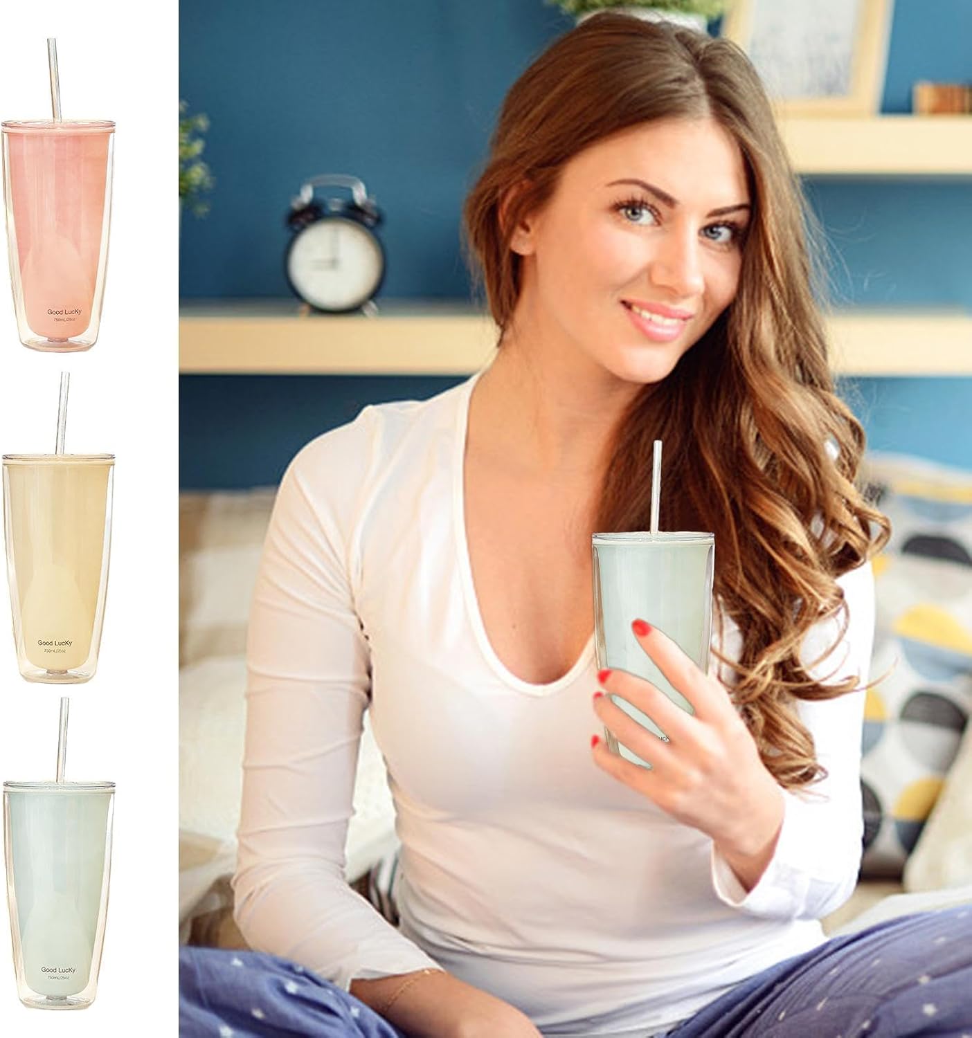 Amazon.co.jp: Silicone Straw Cups, 750l Double Layer Water Flask Coffee ...