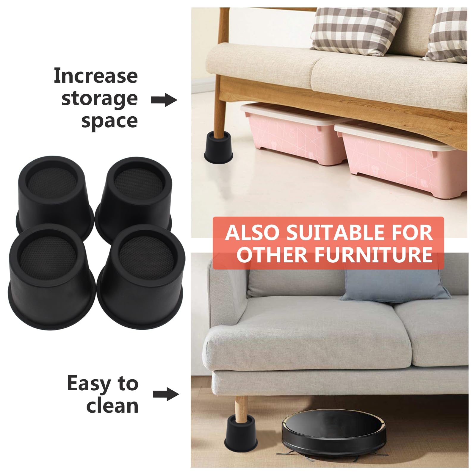 HANIHUA 6 Pcs Bed Risers 3 inch Furniture Risers, Black Bed Lifts ...