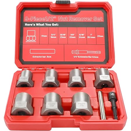 UYECOVE 9 Pcs Deep Bolt Extractor Set Heavy Duty, 1/2'' Drive Easy Out ...