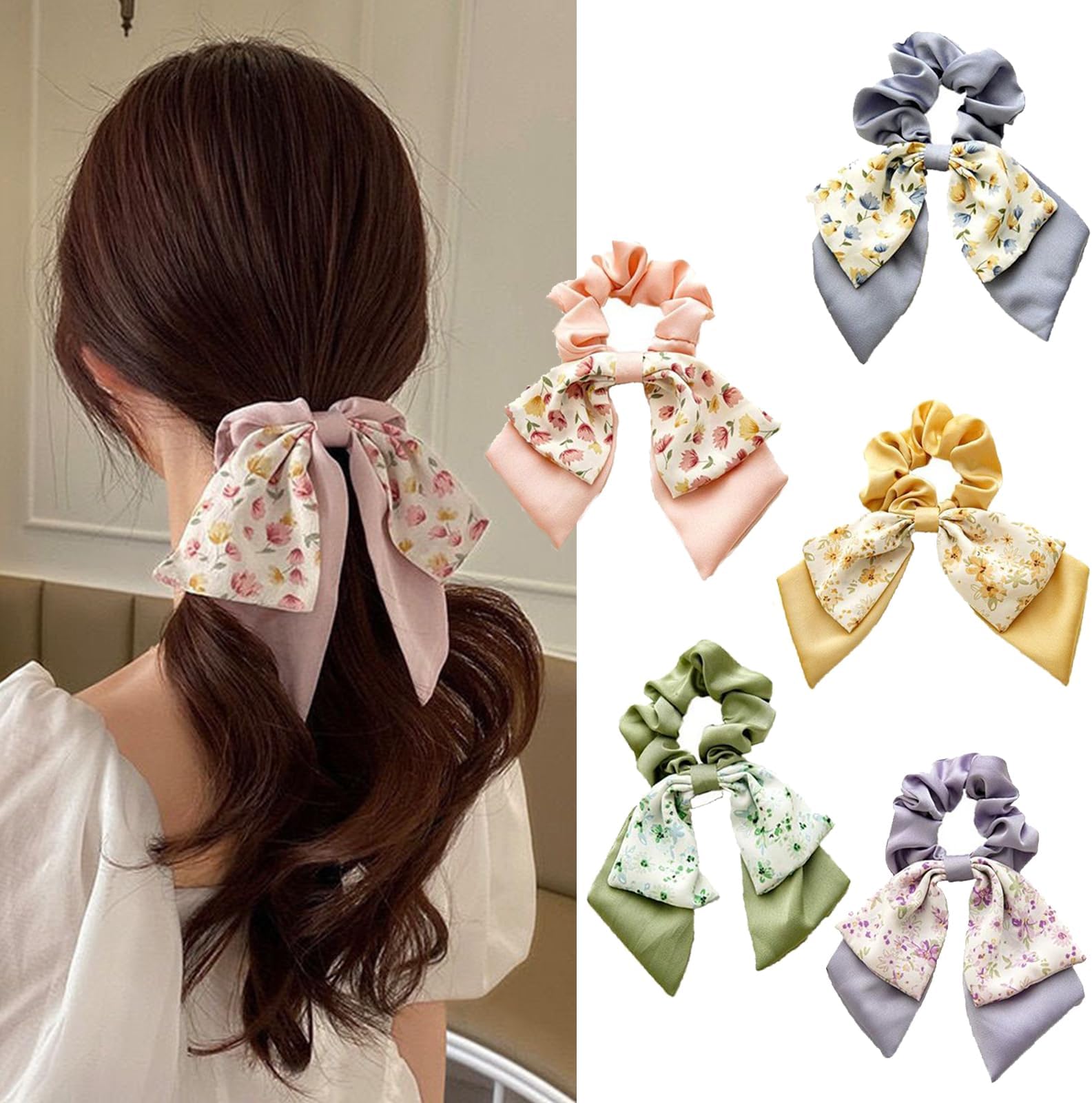 Amazon.com : 5 Pcs Floral Hair Scarf Scrunchies Bowknot hair ribbons ...