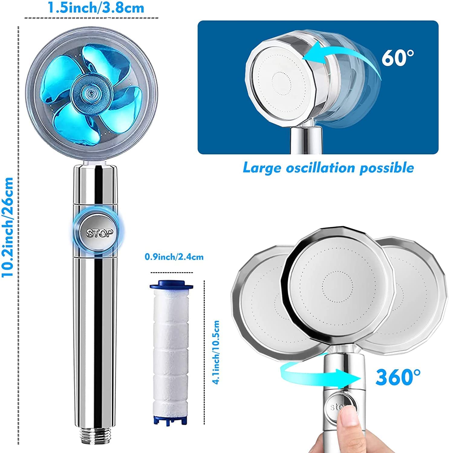 Propeller Shower Head,Turbo Fan Shower Head, Propeller Driven Handheld ...