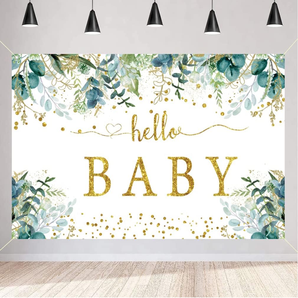 Hello Baby Backdrop for Baby Shower Gold Eucalyptus Greenery Leaves ...