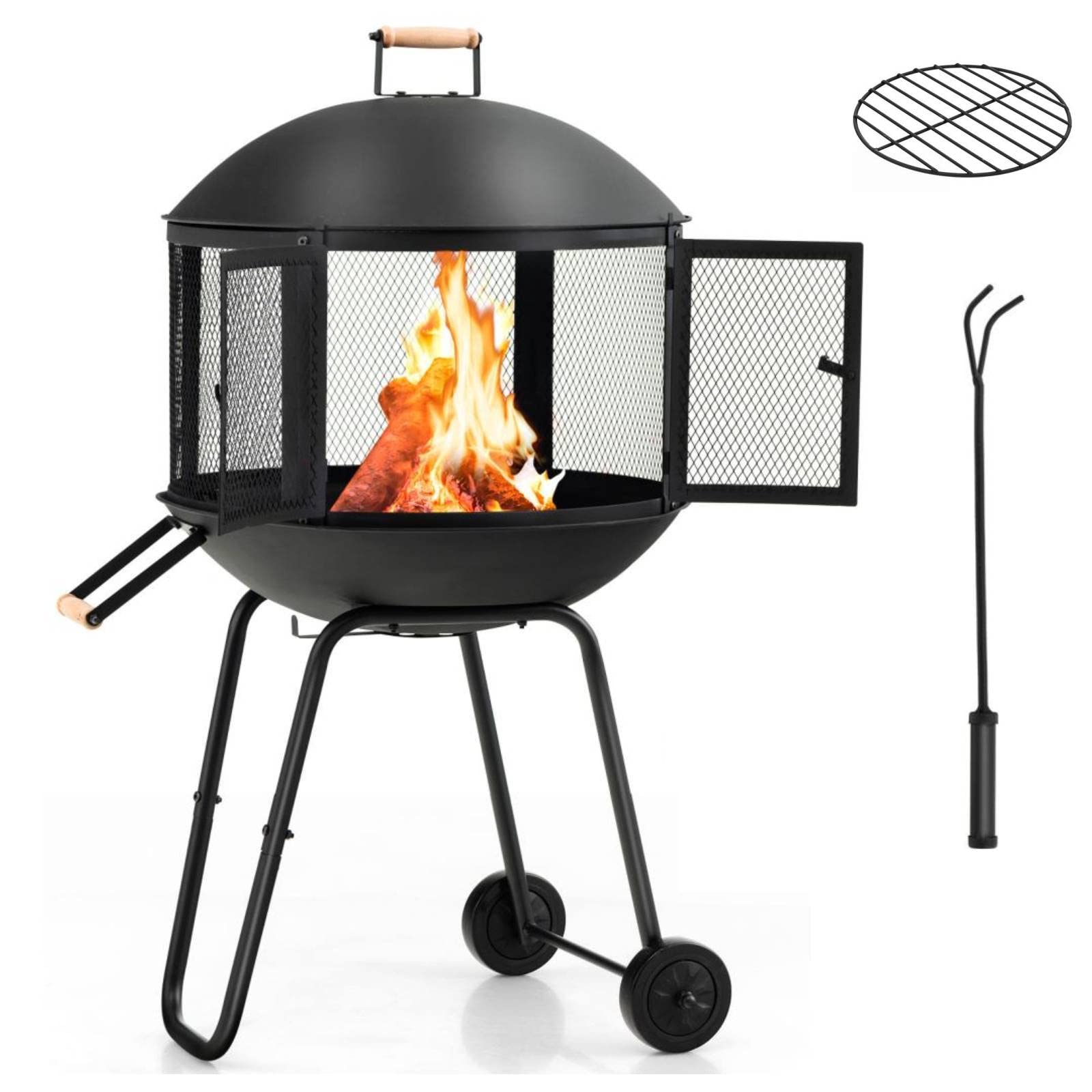 TANGZON 2-In-1 Rolling Fire Pit, Round Wrought Iron Garden Firepit Bowl ...