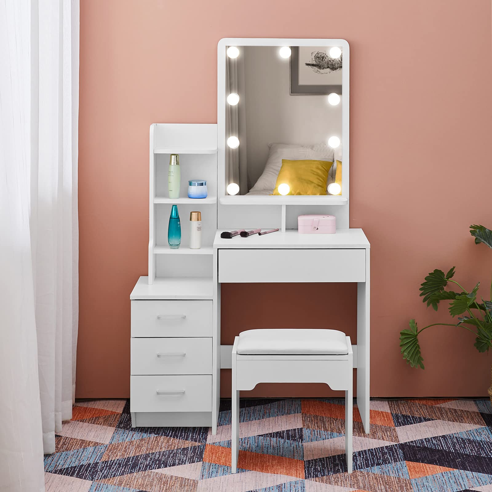 Buy OFCASADressing Table with Hollywood LED Lights and Stool 4 Drawers ...