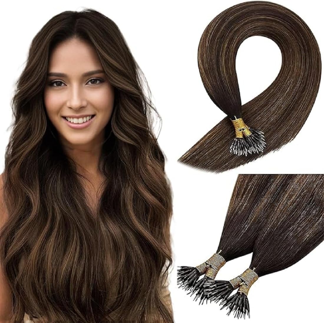 Amazon.com : Sunny Hair Nano Bead Hair Extensions Human Hair Brown ...