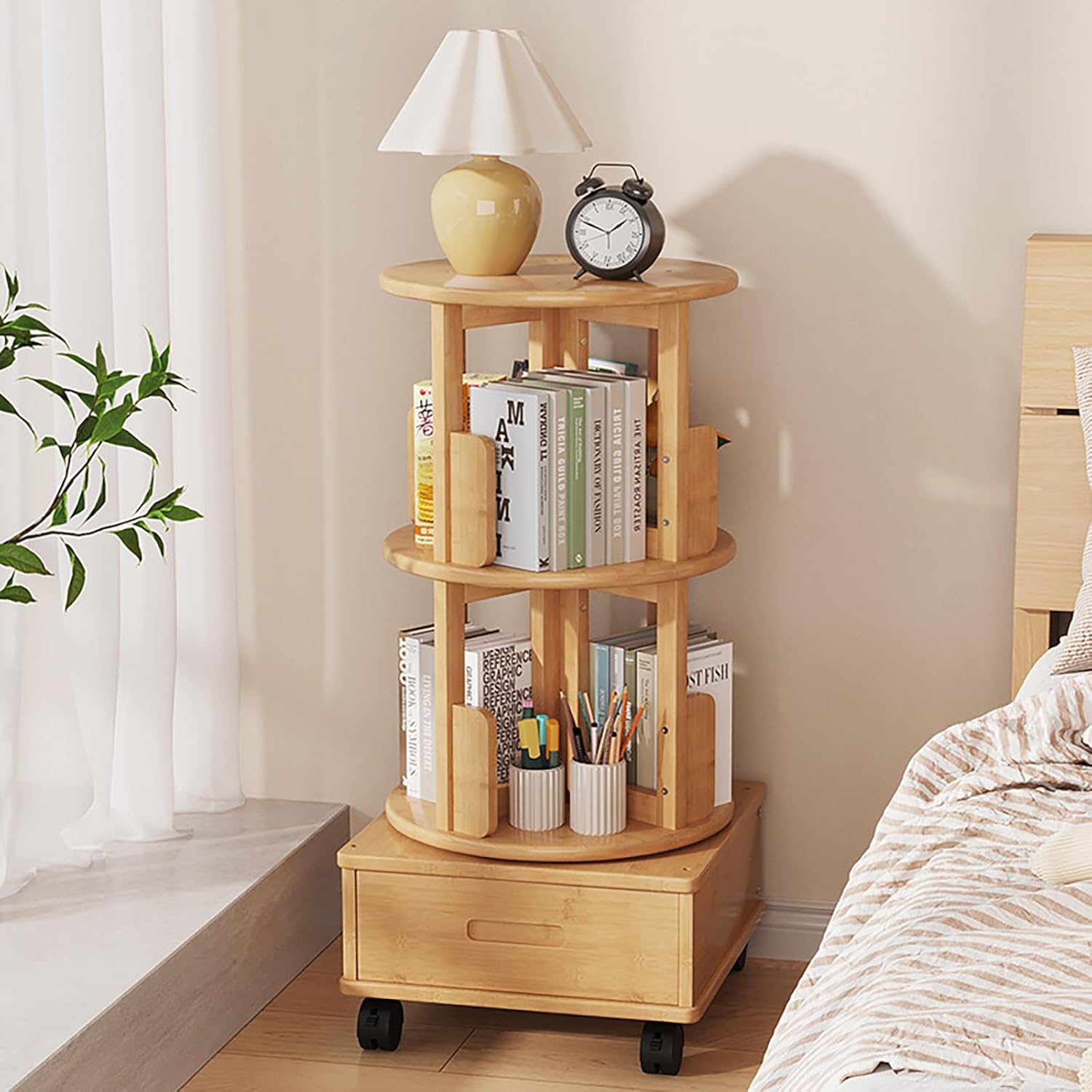 Amazon.com: Rotating Bookshelf with Storage Drawer, 360 Display Wood ...