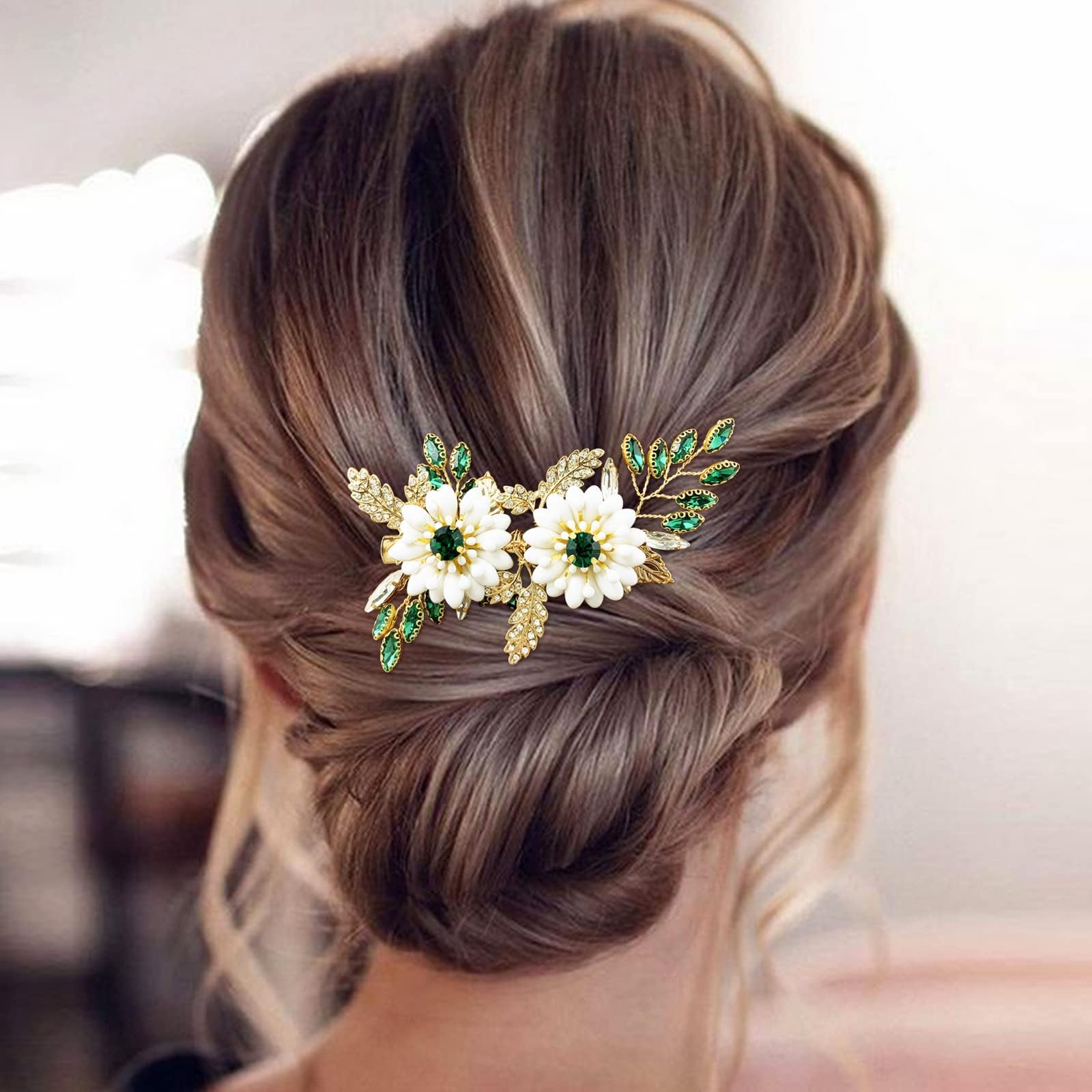 Amazon.com : BETITETO Green Bridal Hair Clip White Enamel Flower Gold ...