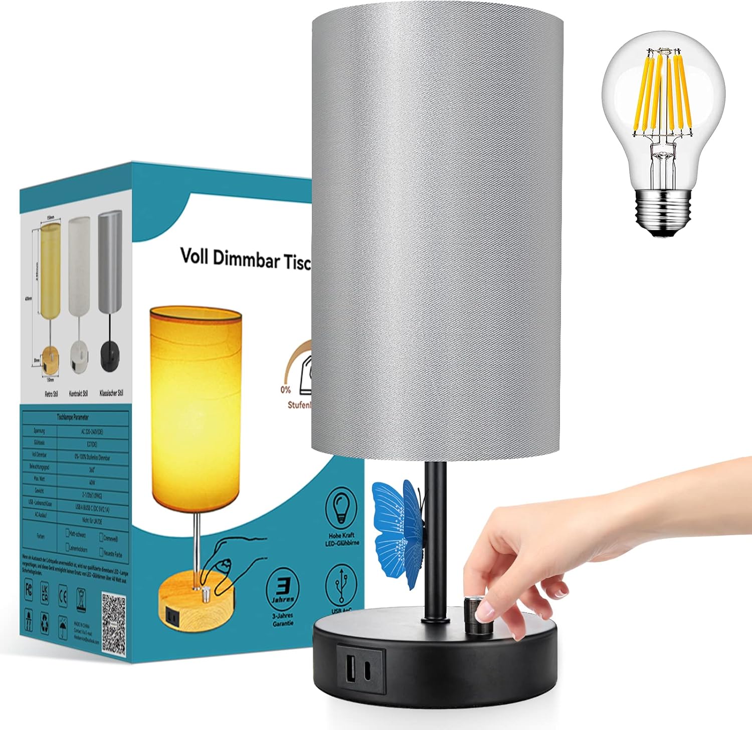 Wondlumi Table Lamp, Stepless Dimmable Bedside Lamps with USB A+C ...