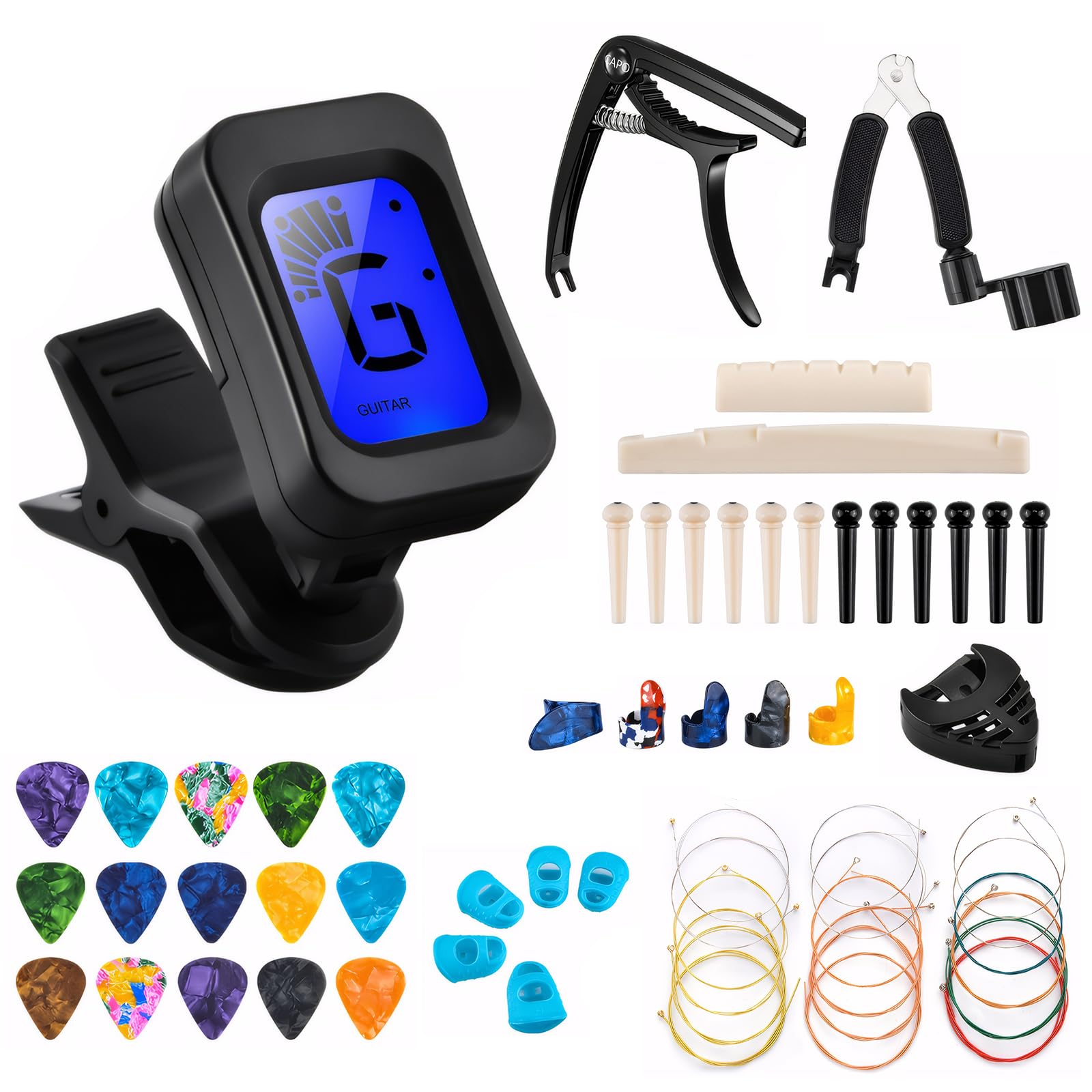 Olycism Guitar Accessories Kit 61 PCS Guitar Beginner Tools Including Guitar Strings Bridge Pins ...