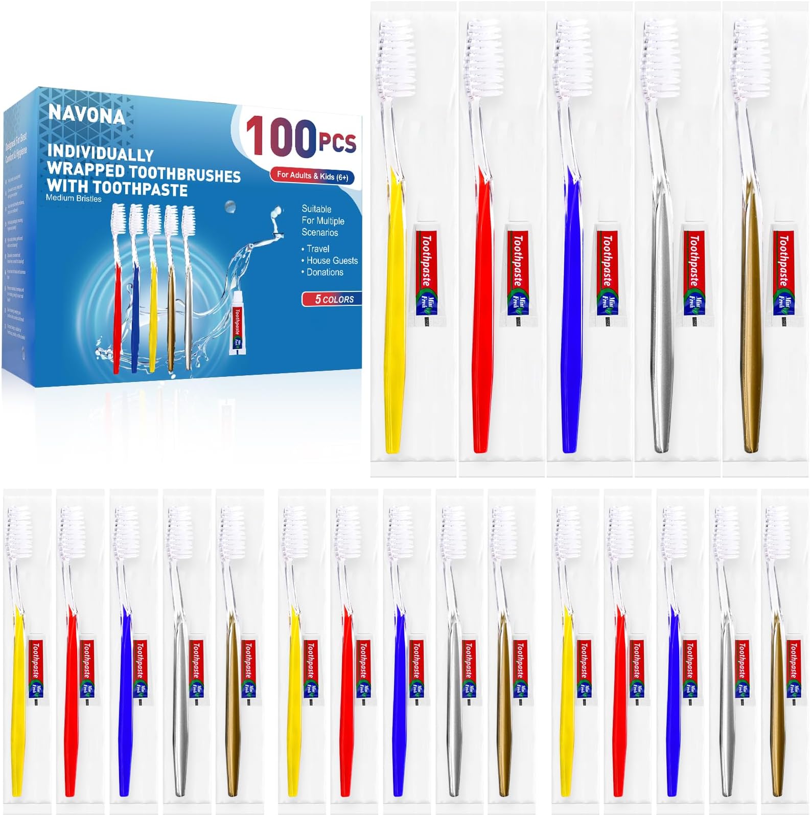 Amazon.com : 100 PCS Individually Wrapped Bulk Toothbrushes with ...