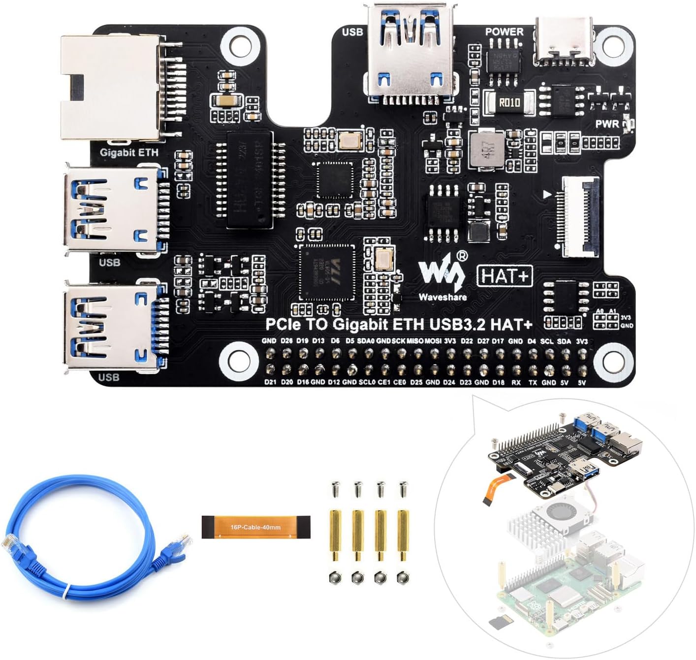 Amazon.com: PCIe to Gigabit Ethernet and USB 3.2 Gen1 HAT for Raspberry ...