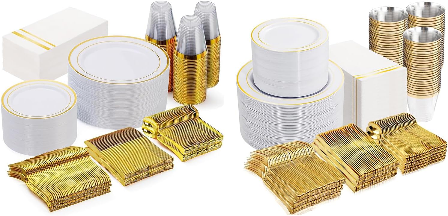 Amazon.com: GATHER 350pcs Gold Plastic Plates and 700PCS Whtie and Gold ...