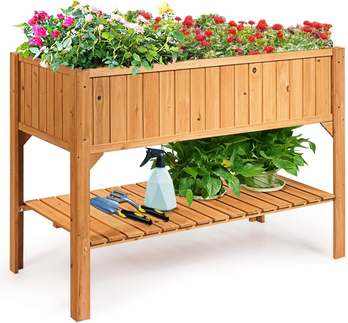 COSTWAY Wooden Raised Garden Bed, Plants Flowers Herb Elevated Planter ...