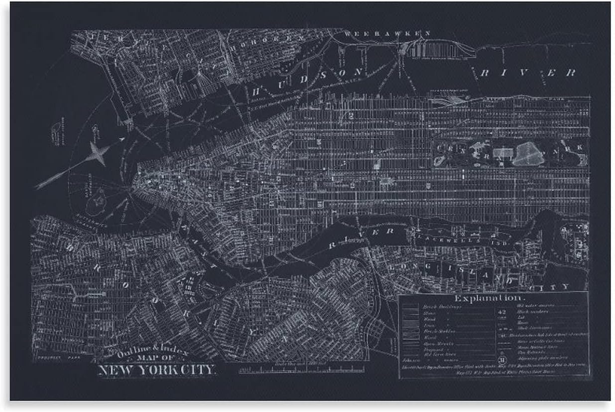 Amazon.com: Blueprint NYC MAP - Old Map of Manhattan, New York City Map ...