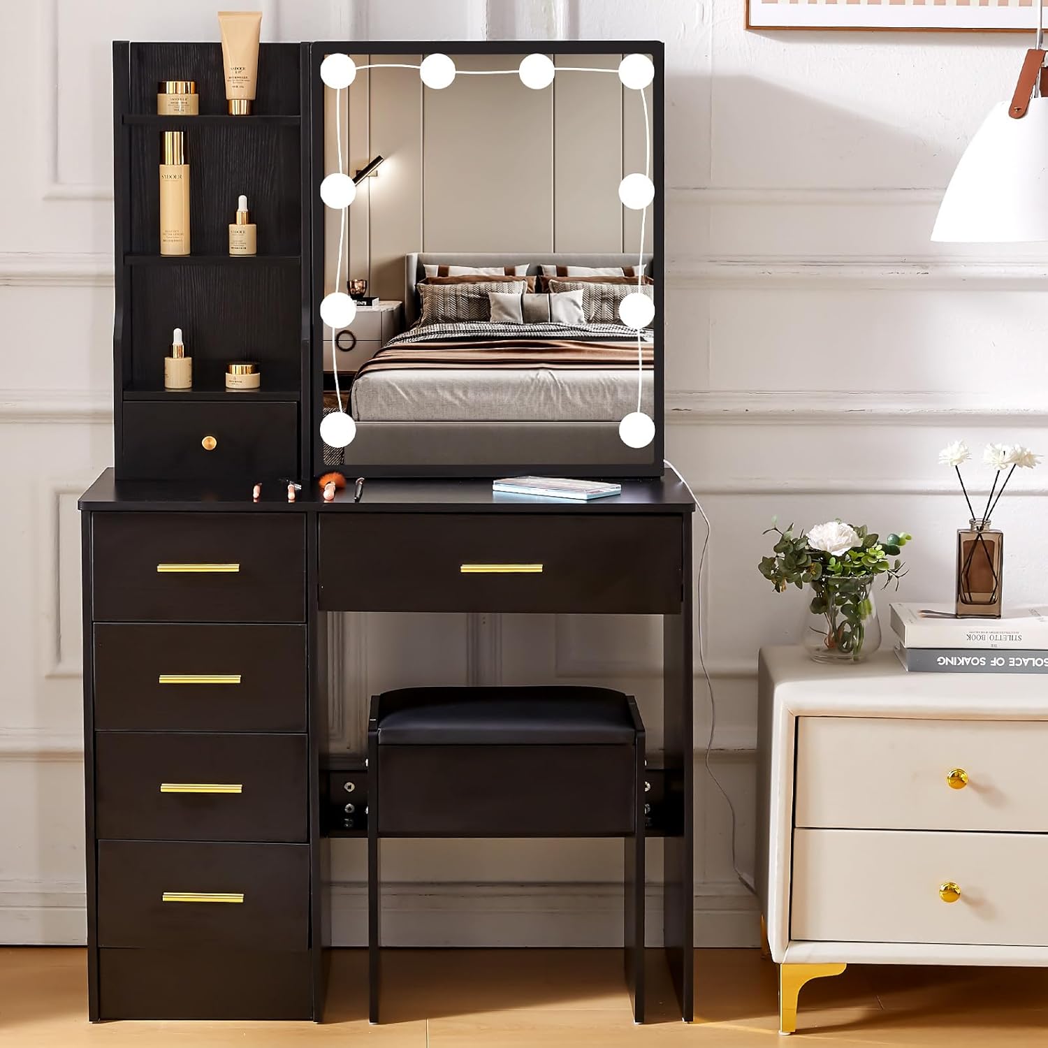 Koestem Black Dressing Table with Stool and Lighted Mirror, Bedroom ...