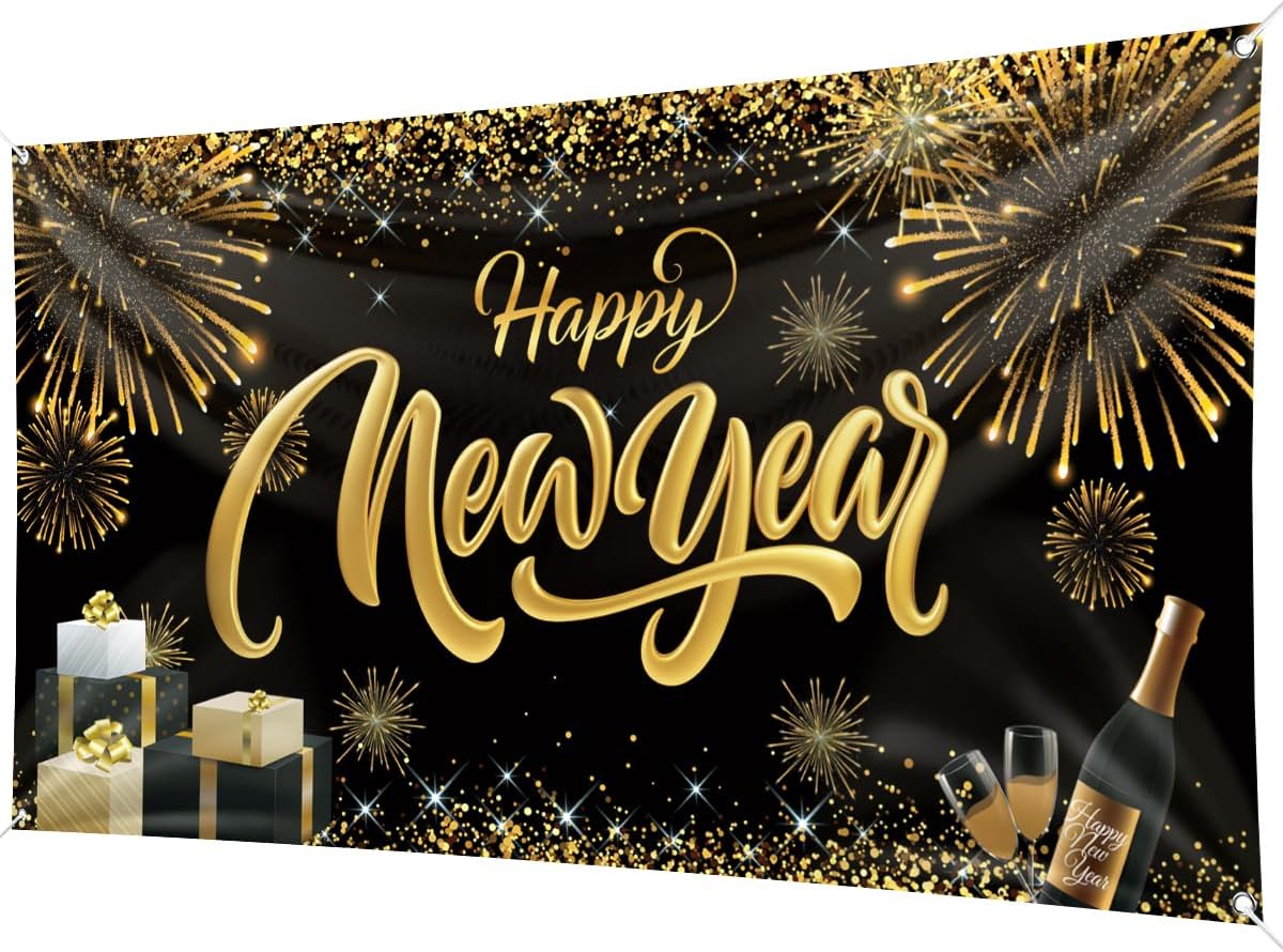 Amazon.com: Happy New Year Door Banner 2025, Black Gold New Year Front ...