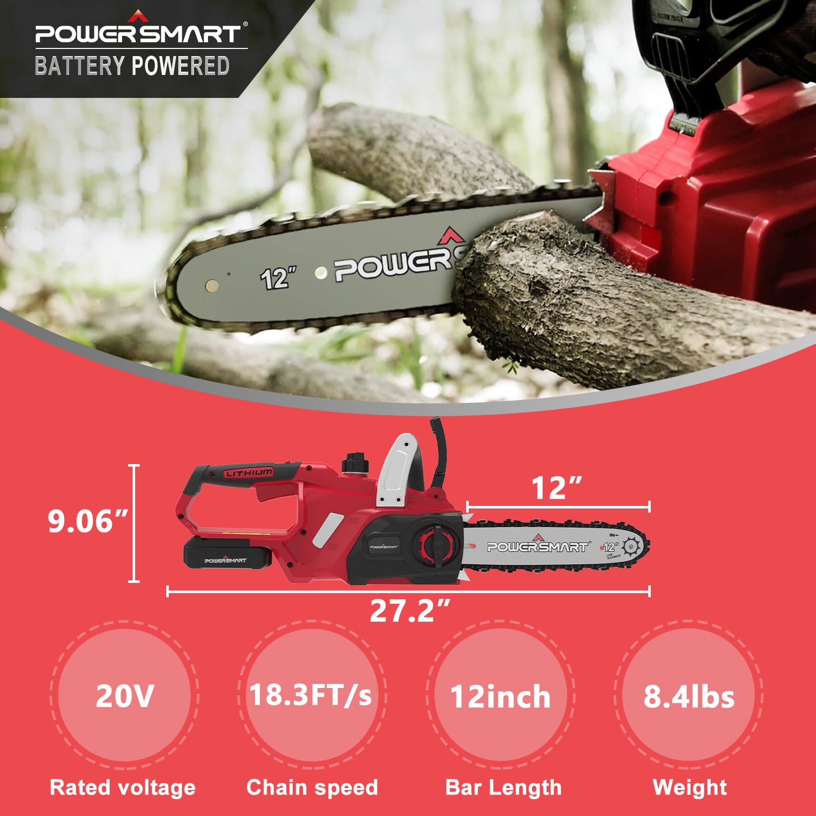 Snapklik.com : PowerSmart 12 Inch Cordless Chain Saw, 20V Battery ...