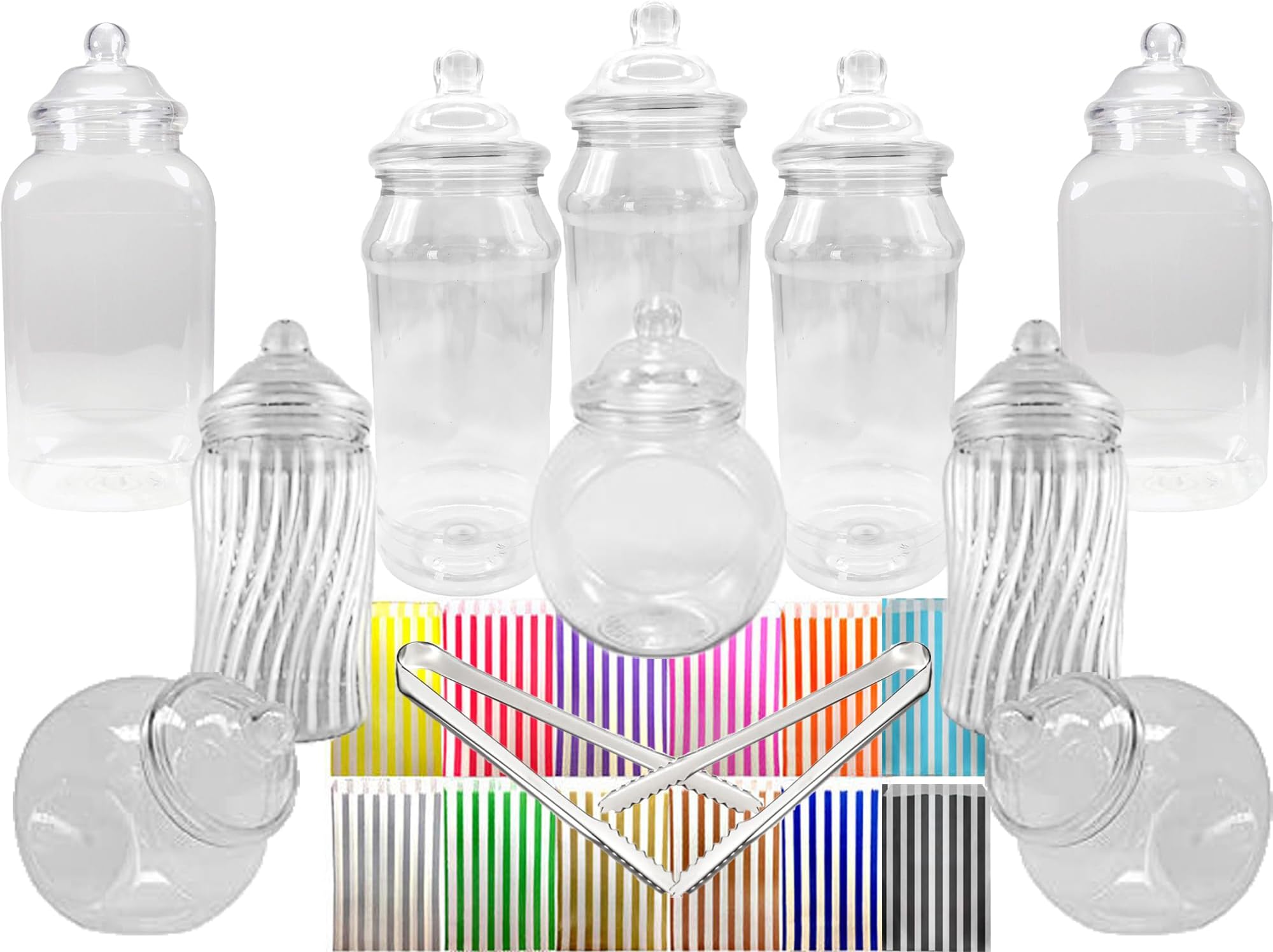 Amazon.com: 10 Assorted Plastic Sweet Jars, 2 tongs, 50 Bags for ...