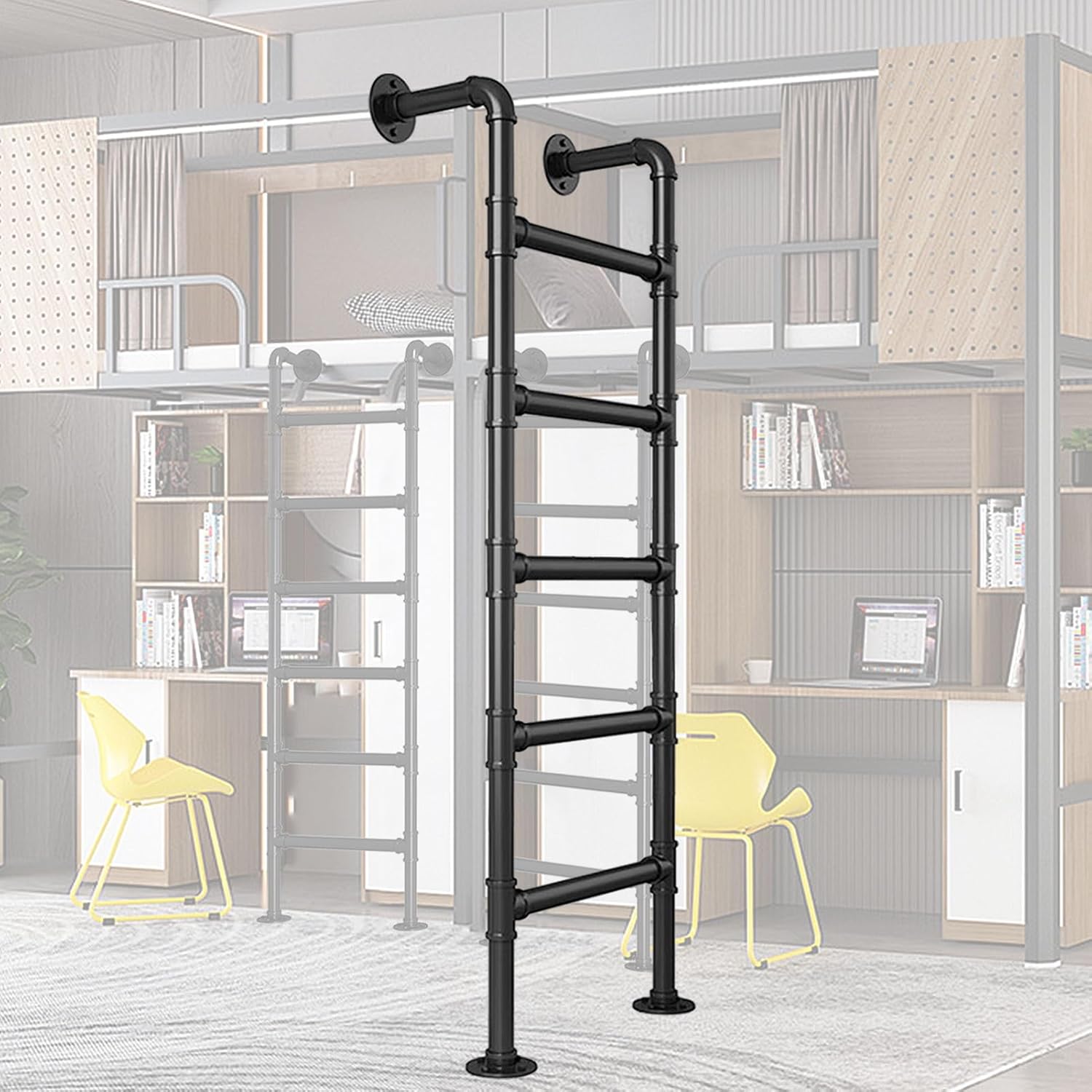 Bunk Bed Ladder for Dorm, Black Metal Loft Ladders Wall Mounted Window ...