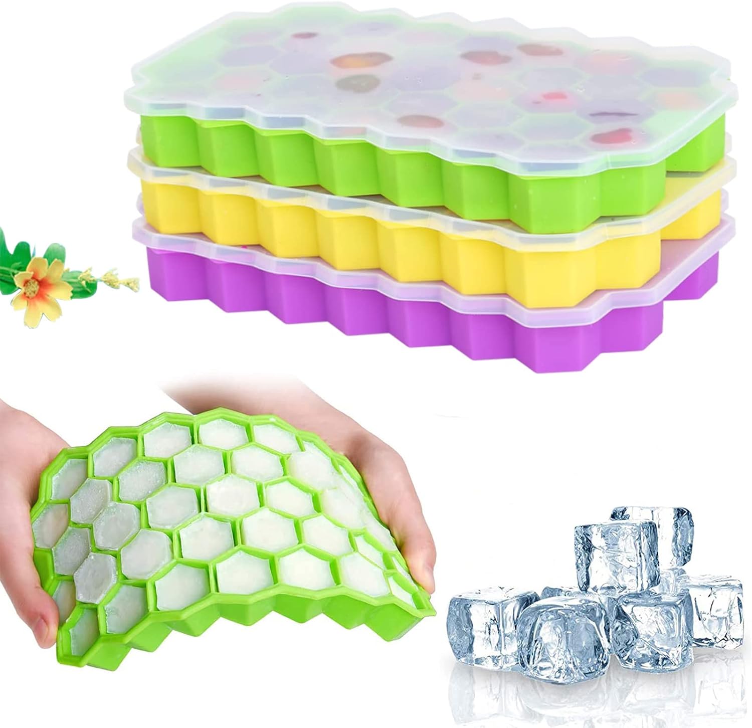 Upgrade Ice Cube Tray, 3 Pack Silicone Ice Trays with Lids, Stackable ...