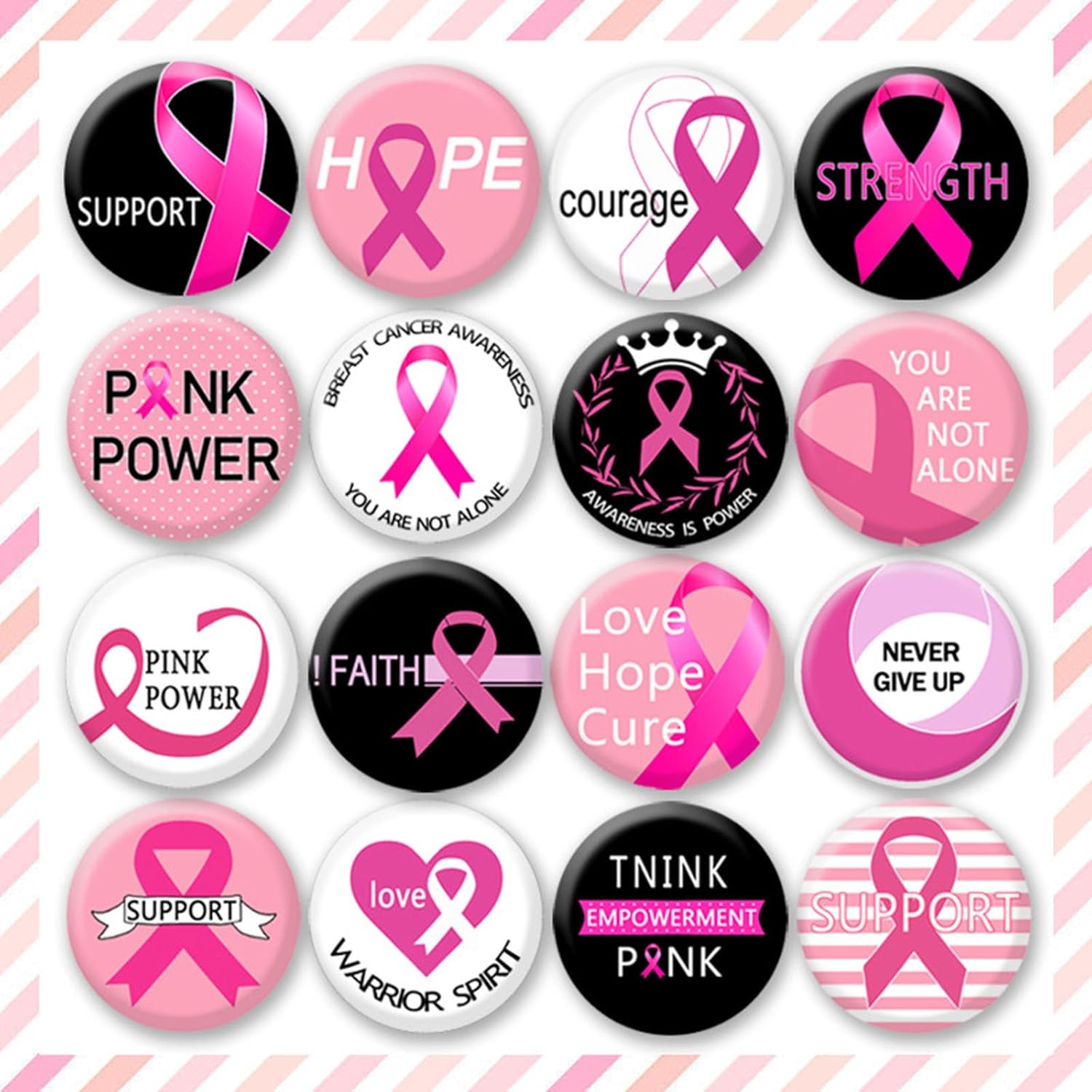 Amazon.com: 16 PCS Breast Cancer Awareness Buttons Badge Pink Round Ribbon Button Pins Breast ...