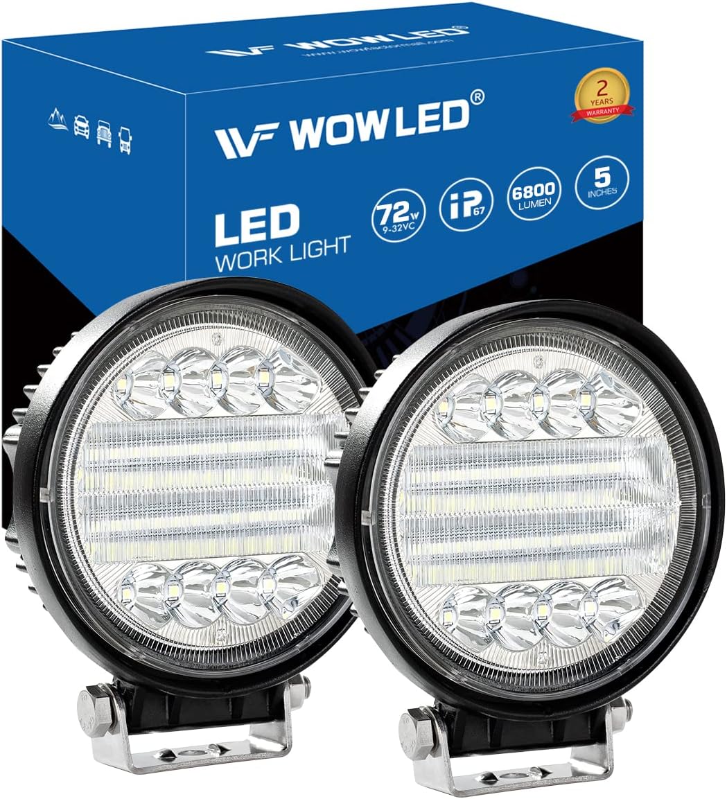 WOWLED LED Work Light, 2PCS 5" 72W Round LED Light Pods Spot Flood ...