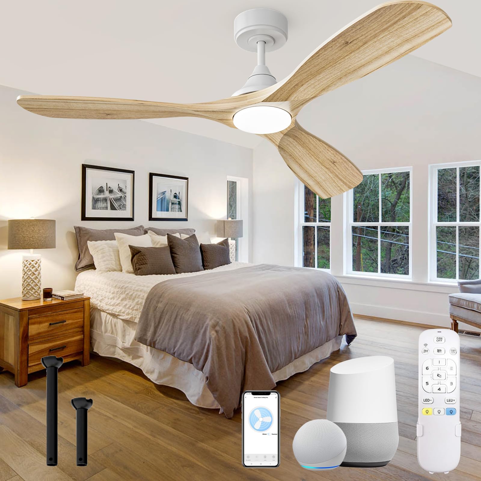 Amazon.com: Wozzio 5 Wood Blades Ceiling Fan with Light and Remote ...