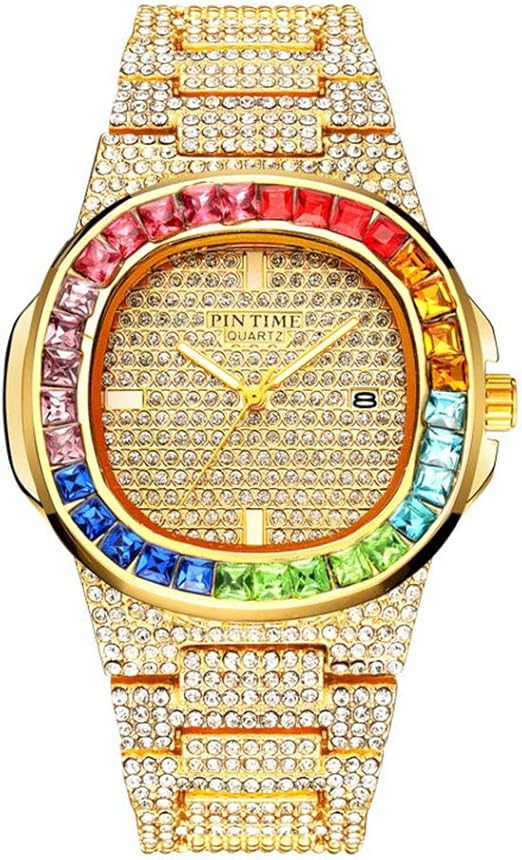 Mens Colorful Iced Out Watch Round Bling Crystal 43mm Luxury Fashion ...