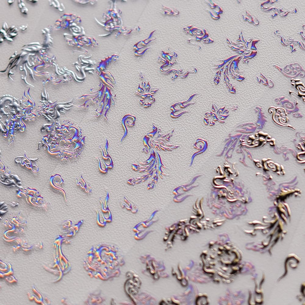 Amazon.com: Dragon Phoenix Nail Art Stickers Gold Silver Laser Chinese ...