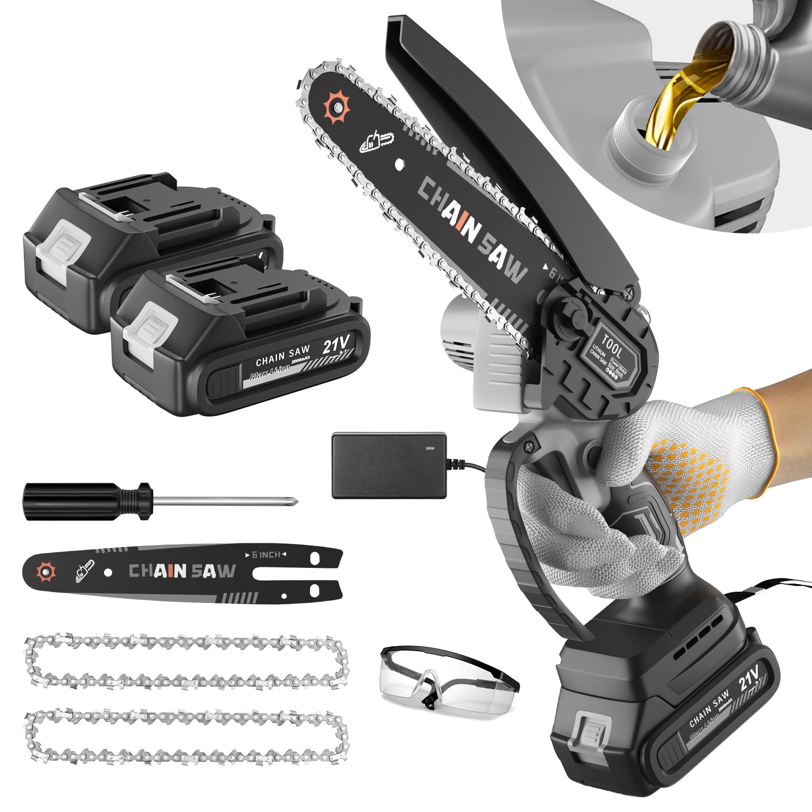 Amazon.com: Chainsaw, 6 Inch Mini Chain Saw with 2 x 2.0Ah Batteries ...