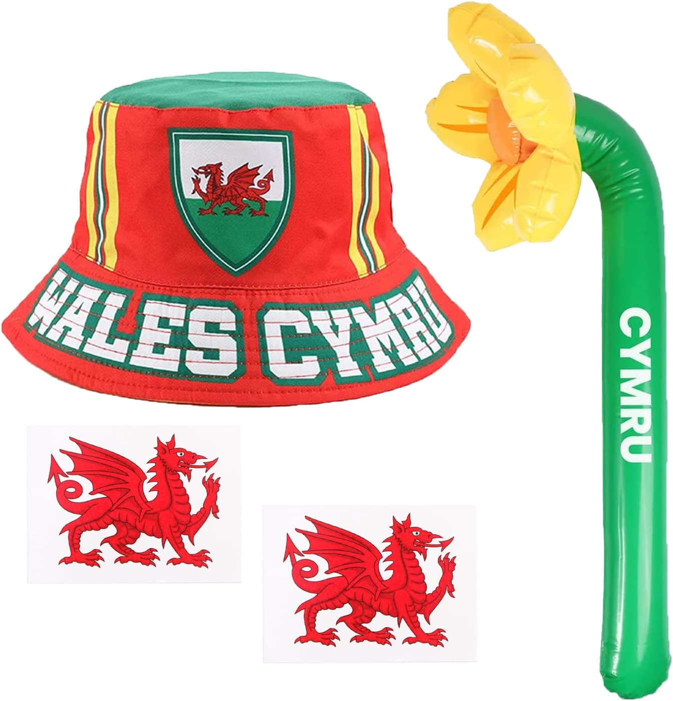 Wales Bucket Hat, Daffodil and Tattoos - Red Bucket Hat with Welsh ...