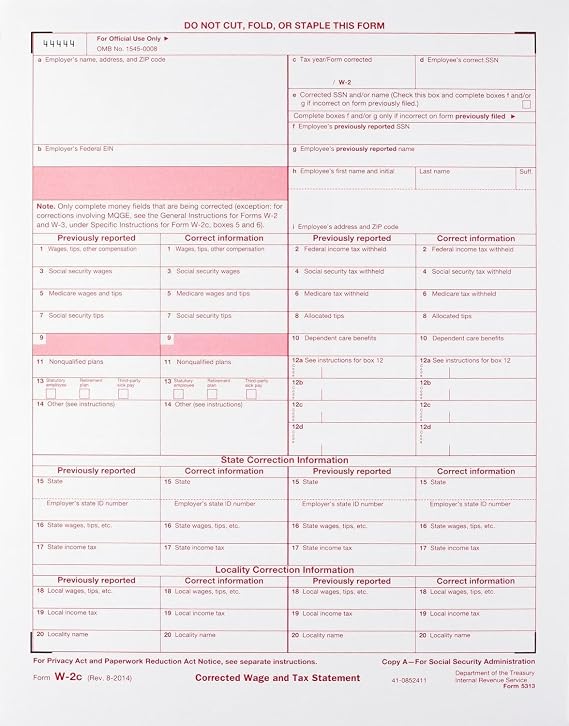 Amazon.com : 50 W-2C Copy A, Wage Corrected & Tax Statement, SSA Laser ...