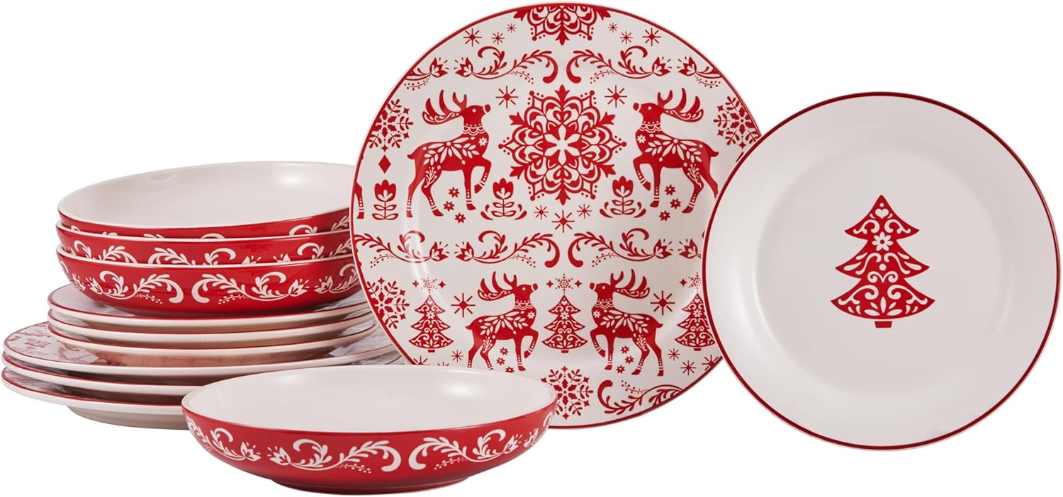 Amazon.com | Bico Holly Jolly Ceramic 12 pcs Dinnerware Set, Service ...