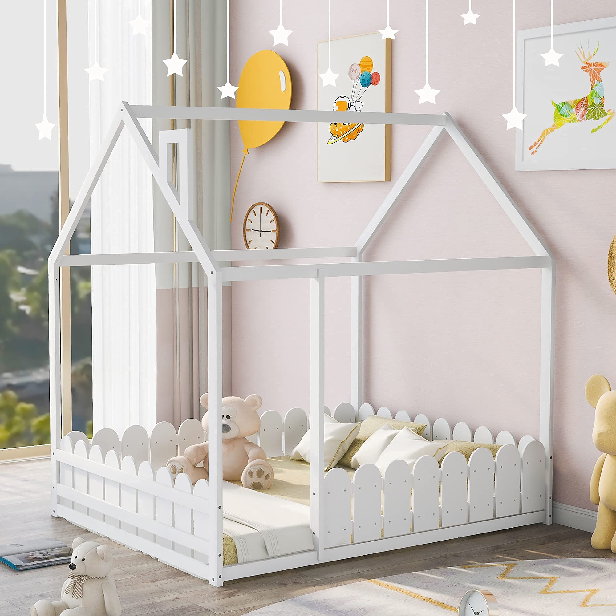 Buy House Full Bed for Kids, Full Size Bed Frame with Pine Wood Roof ...