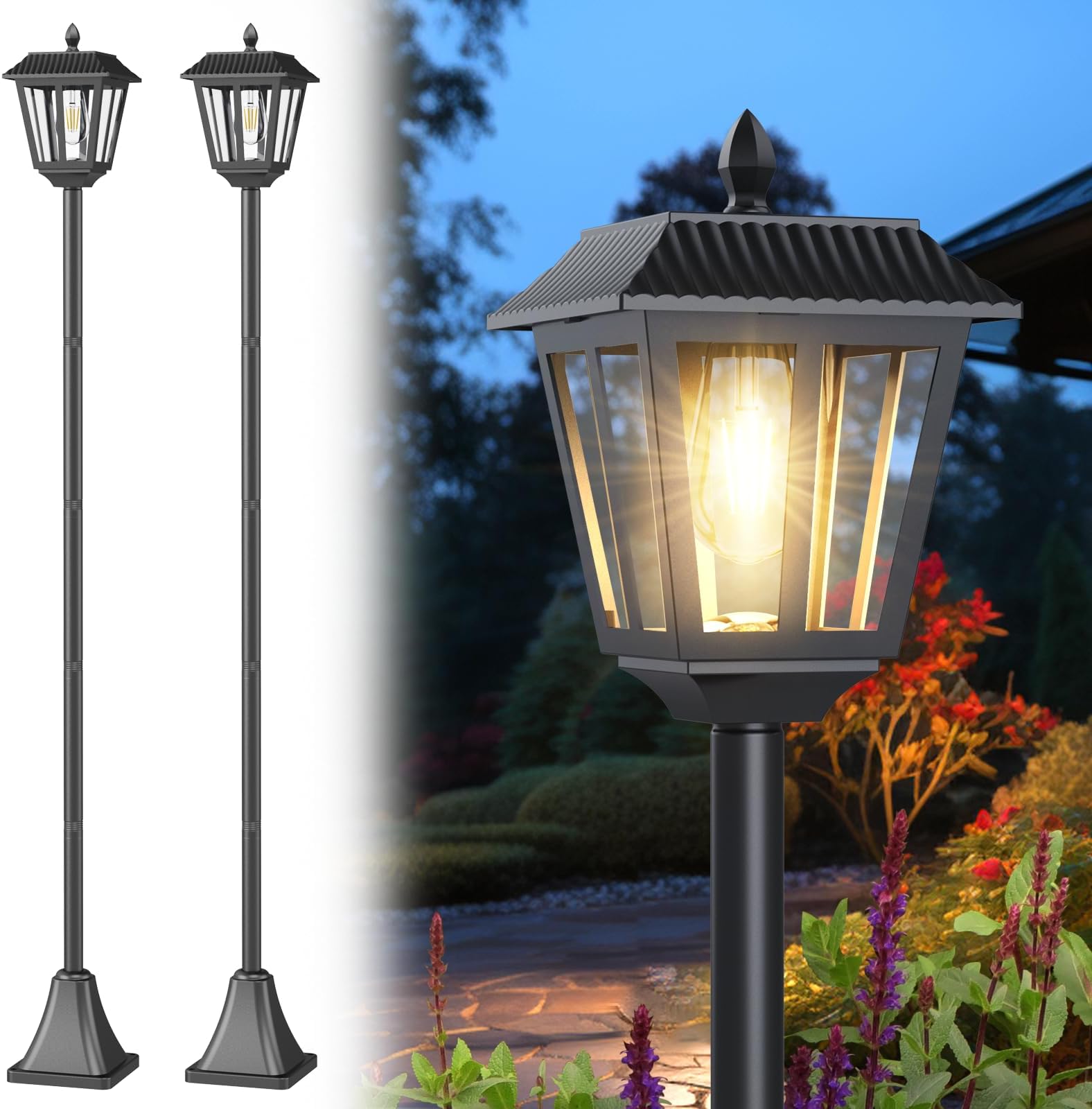 72" Triple-Head Solar Lamp Post Light Outdoor, Vintage LED Street Light ...