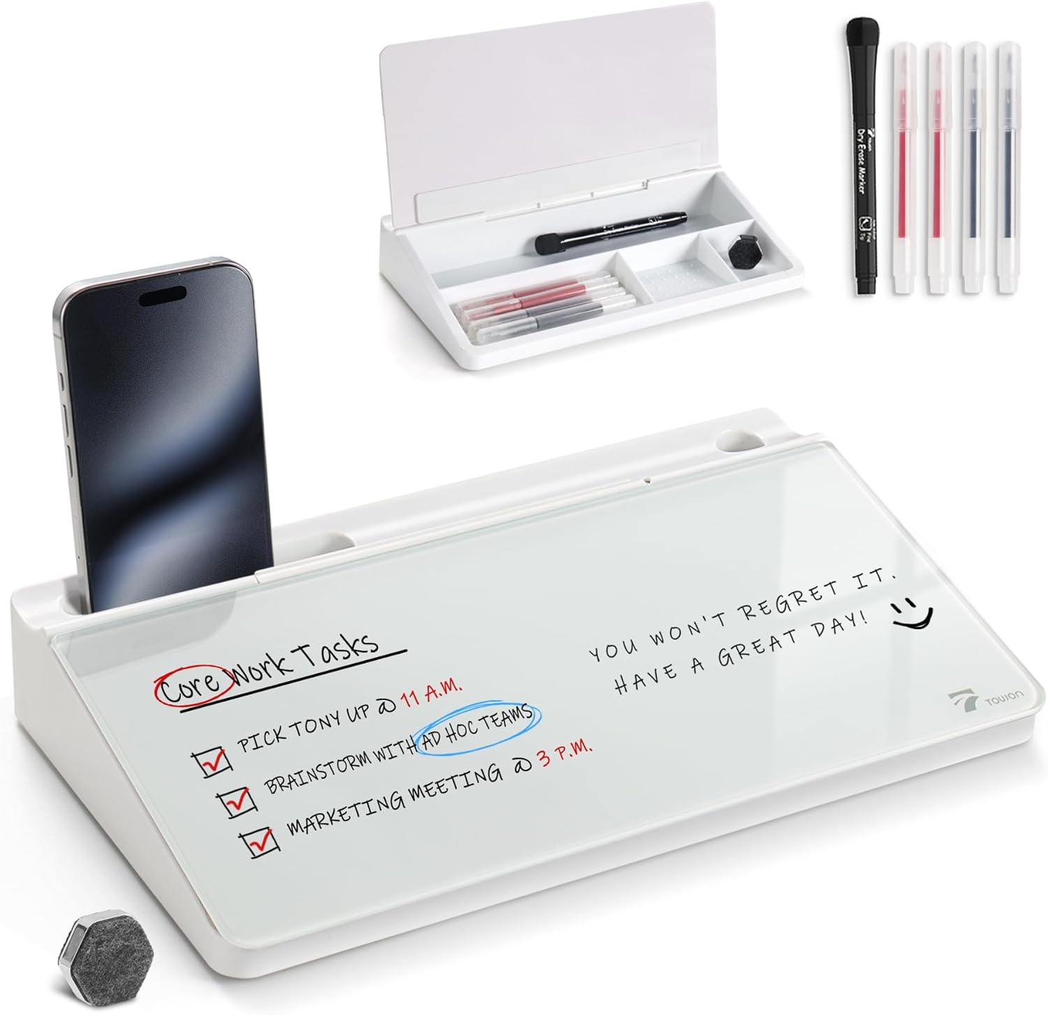 Amazon.com : TOWON Small Compact Glass Desktop Whiteboard with Storage ...