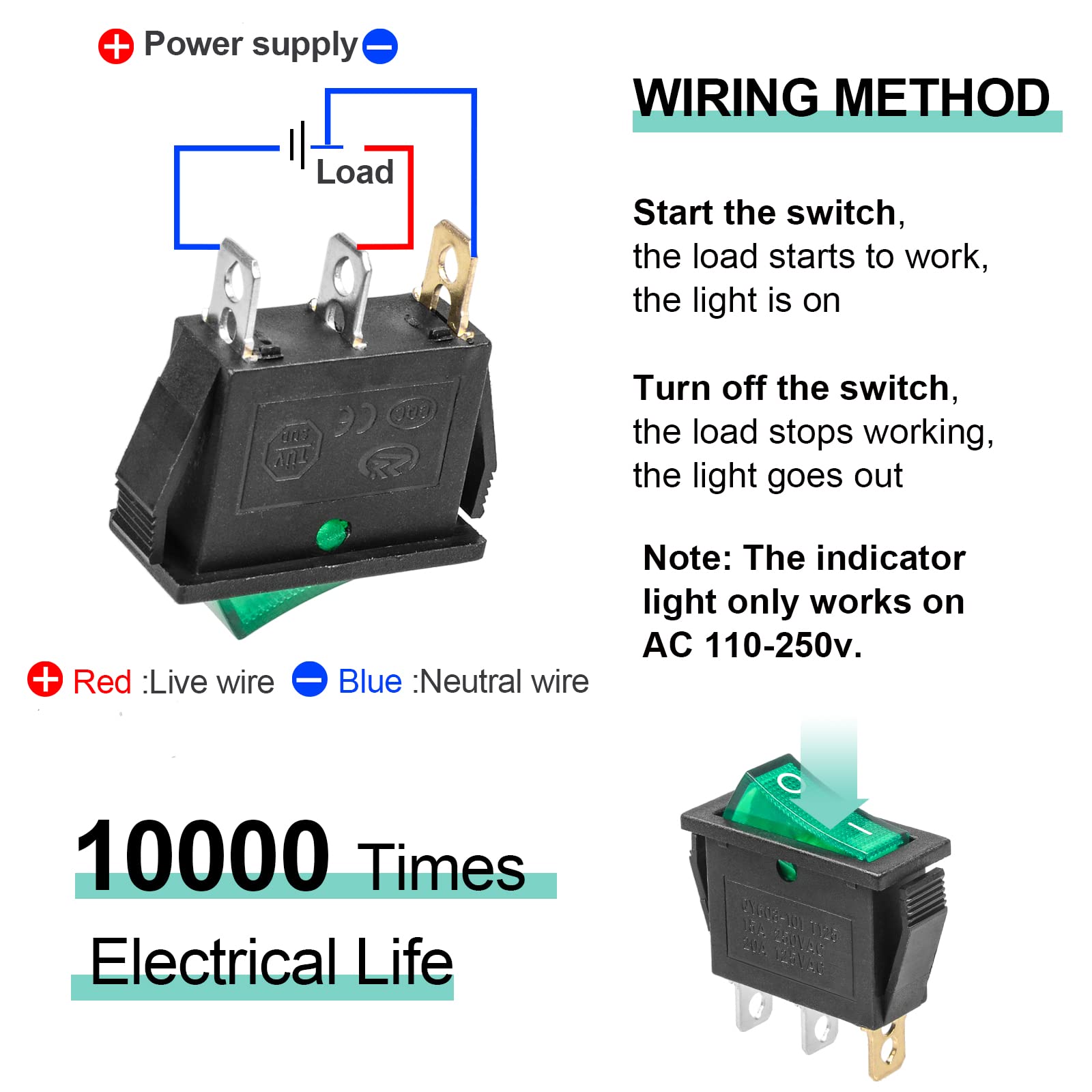 Snapklik.com : 5Pcs AC 250V/15A, 125V/20A Green Light Illuminated LED ...