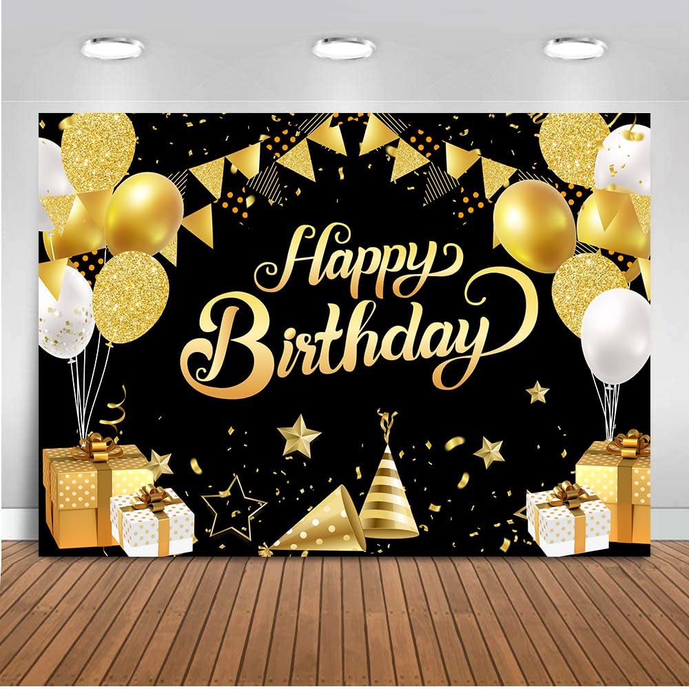 Amazon.com: Black and Gold Happy Birthday Backdrop Decorations, Golden ...