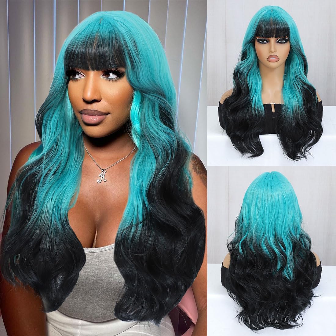 Amazon.com : JulyQueen 26" Long Wave synthetic wigs with Bangs ocean mint blue wig Layered Wigs ...