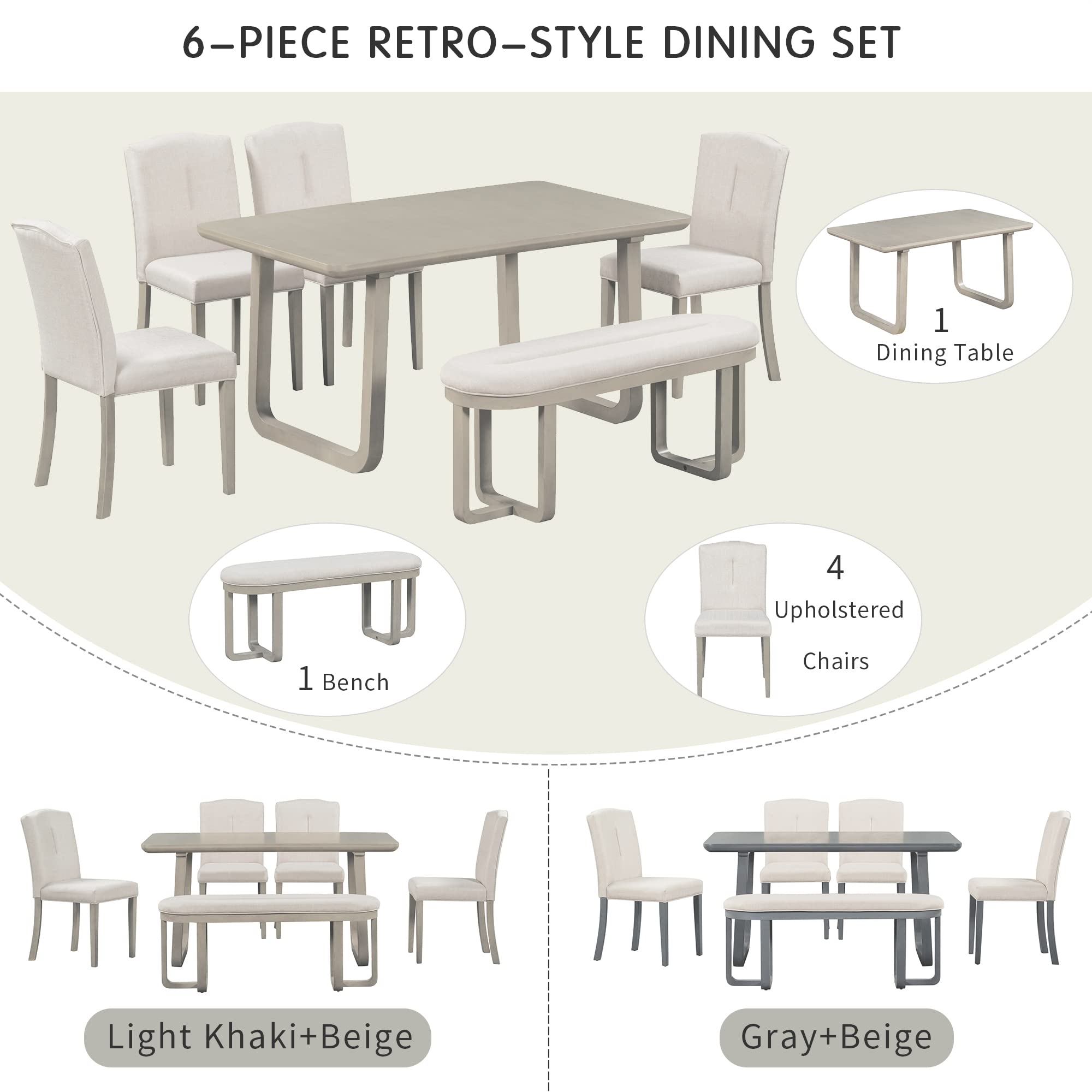 GLORHOME 6-Piece Retro-Style Set Table, 4 Upholstered Chairs & Bench ...