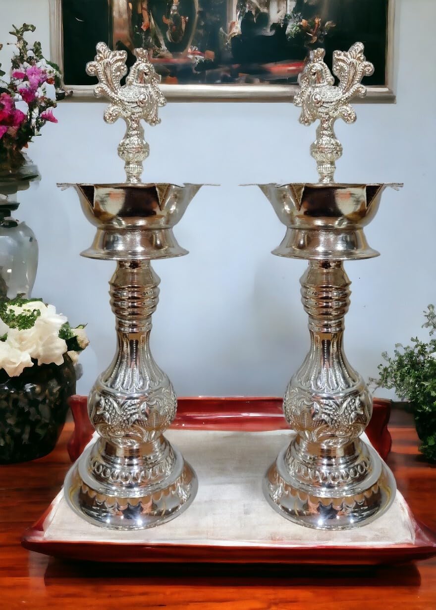 Buy 12 Inch Pure German Silver Peacock Diya Samai Deepa for Home Pooja ...