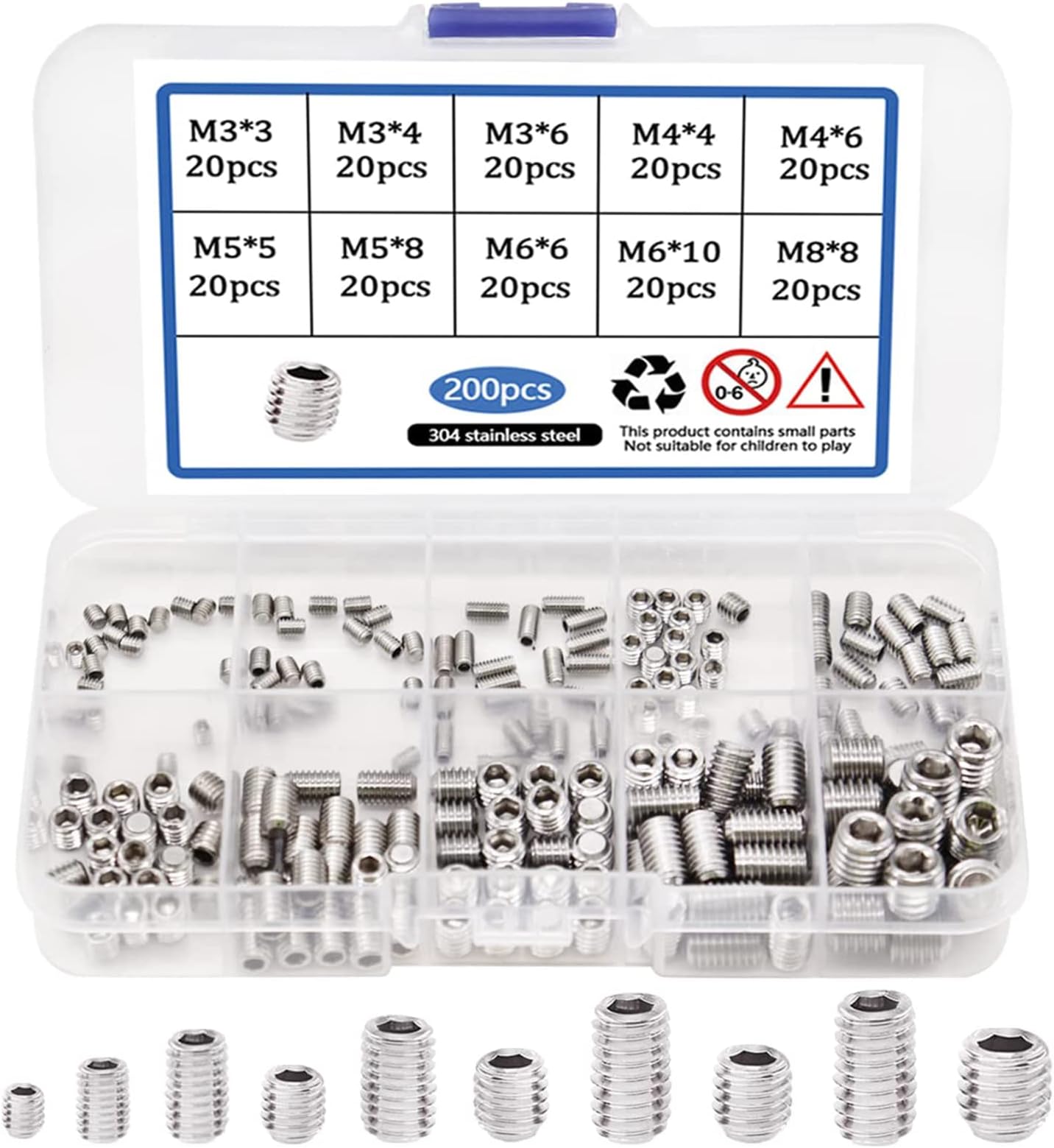 200Pcs Allen Head Socket Set-Screw - M3/M4/M5/M6/M8 304 Stainless Steel ...