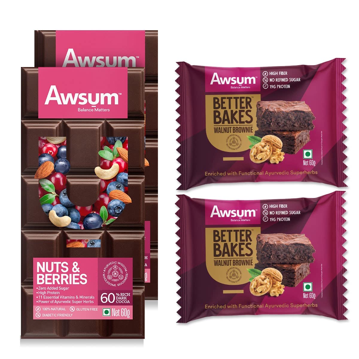 Awsum Sugar Free Nuts & Berries Chocolate Bar(2x60g) + Ready to Eat ...