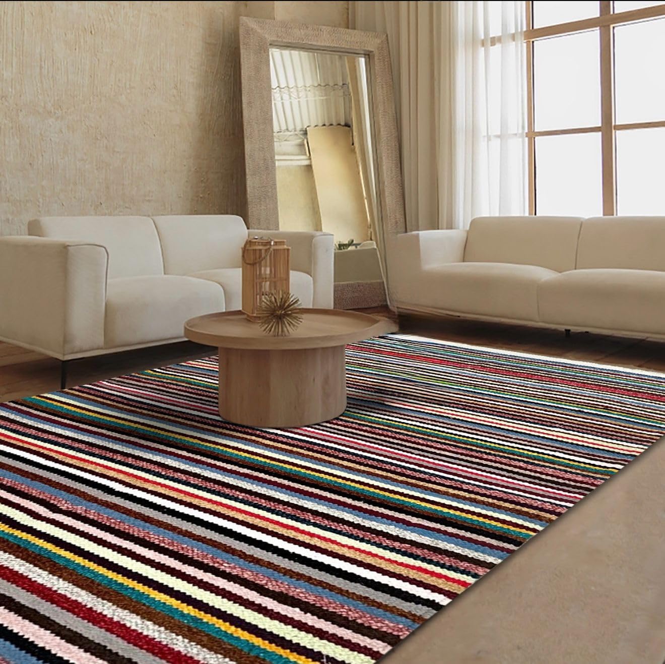 Handwoven Velvet Chindi Rug, Multicoloured Stripes, Cotton Reversible ...
