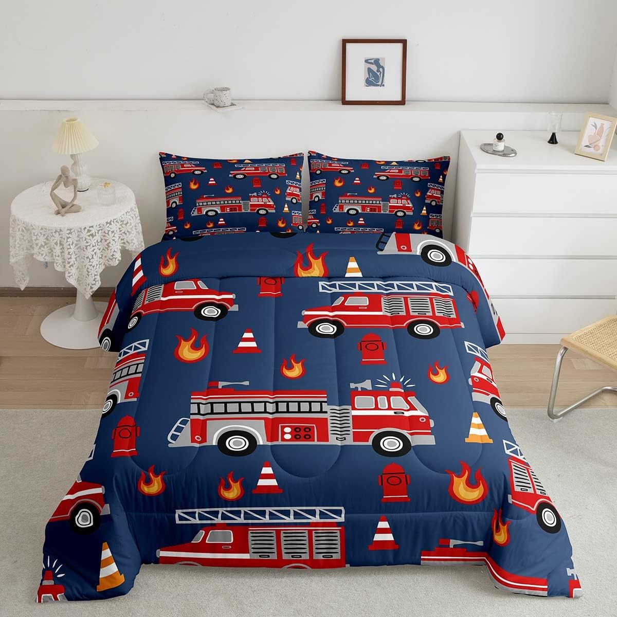 Cartoon Car Bedding Set Fire Truck Comforter Set for Kids Boys Girls ...