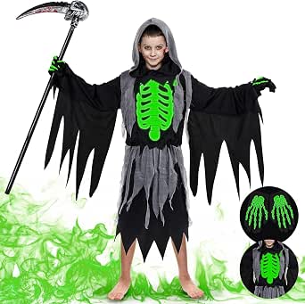 Amazon.com: Neragron Grim Reaper Costumes for Kids, Halloween Glow in ...