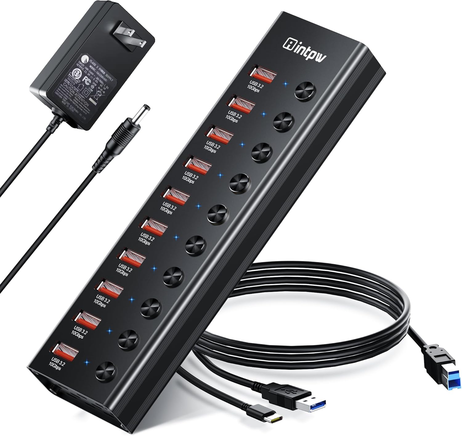 Amazon.com: Powered USB 3.2 Hub, Intpw 10 Port USB Adapter with 10Gbps ...